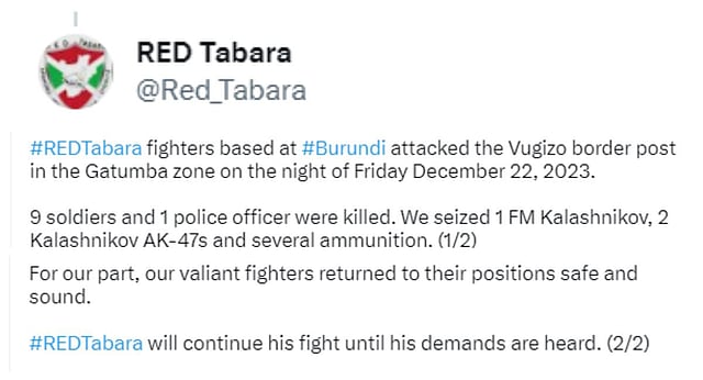 RED-Tabara's rebel attack in Africa's west Burundi kills 20: Government