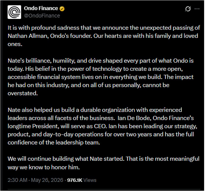 Crypto News Today: ONDO Drops After Nathan Allman’s Death Sparks Key ...