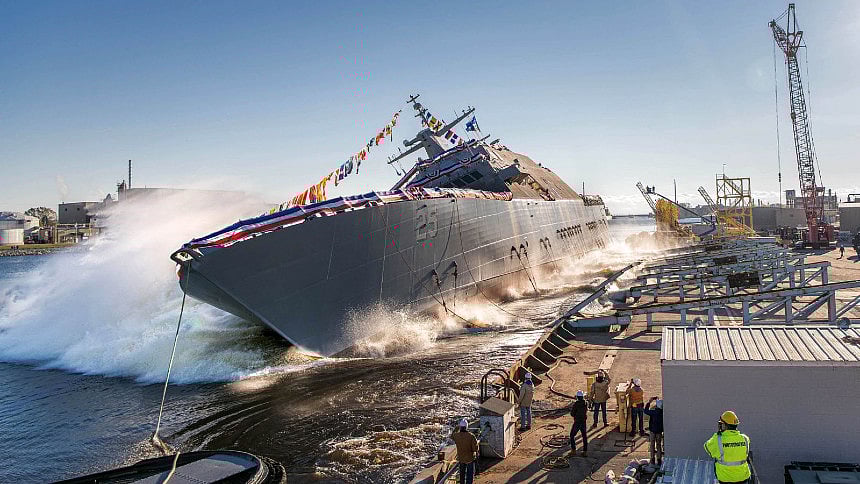 Future US Navy LCS Marinette hits the water