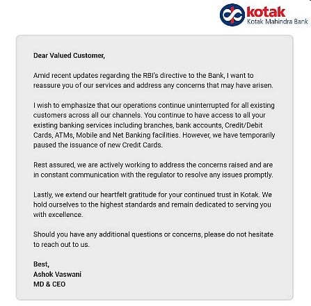 Kotak Mahindra Bank Chief Reassures Customers After RBI Whip On Key ...