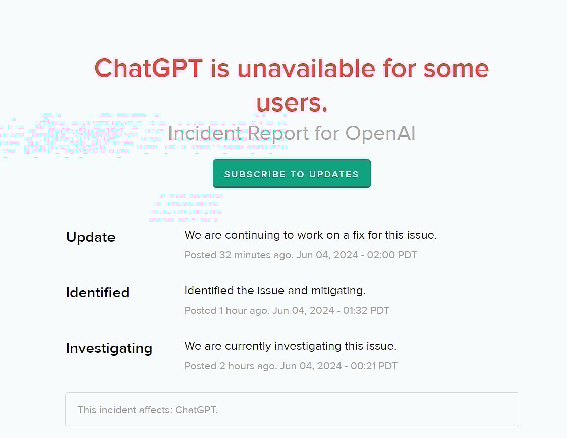 ChatGPT Down For Many Users, OpenAI Says 'Working On A Fix'