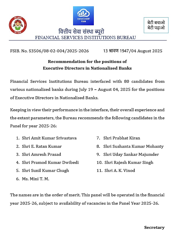 FSIB Suggests 11 Chief General Managers For ED Posts In State-Owned Banks