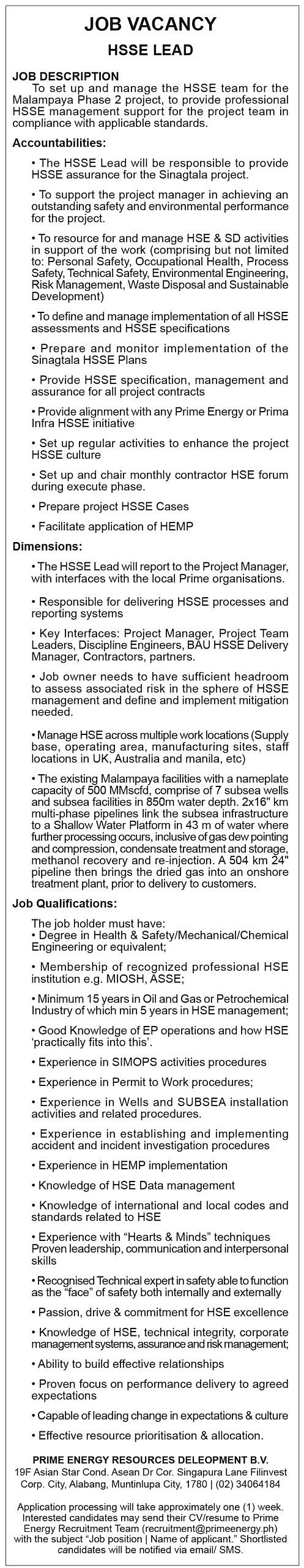 PRIME ENERGY HSSE LEAD