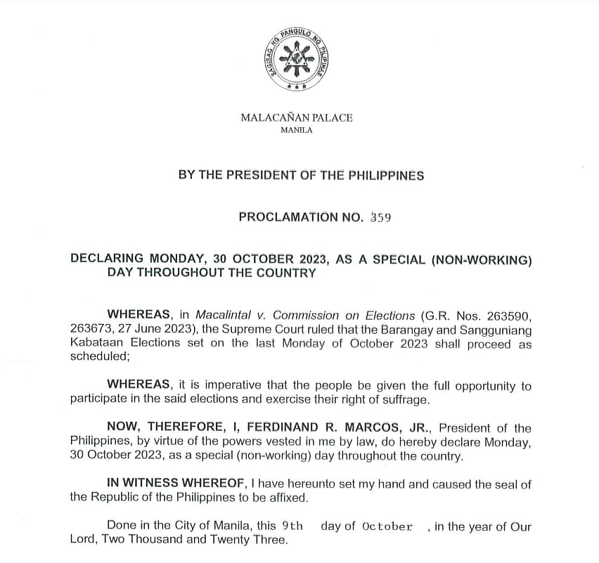 30 October declared non-working holiday