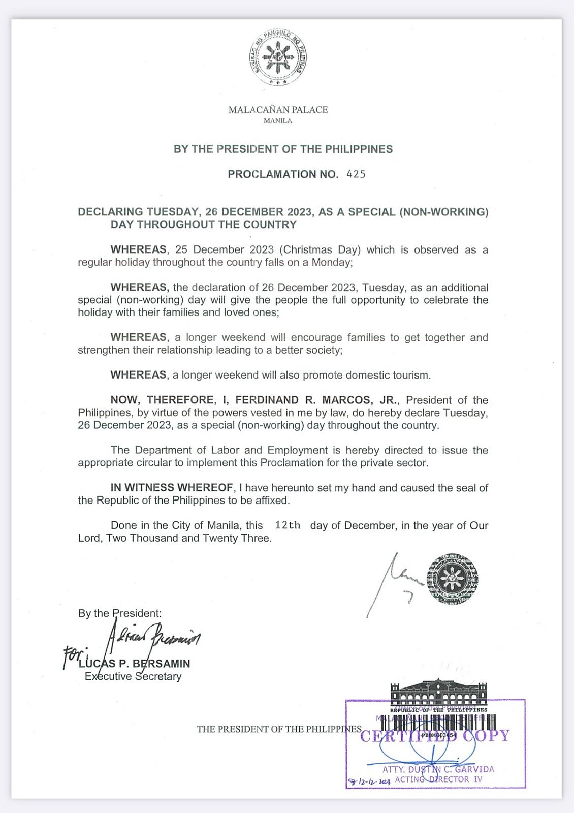 Palace: 26 December a special non-working day