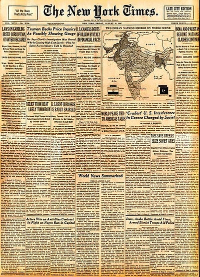 Newspaper headlines on August 15, 1947