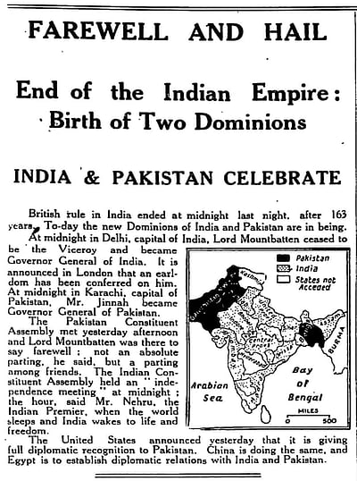 15th August 1947: The newspaper headlines