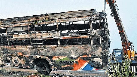 Private bus catches fire in Delhi's Jaitpur area, no one injured