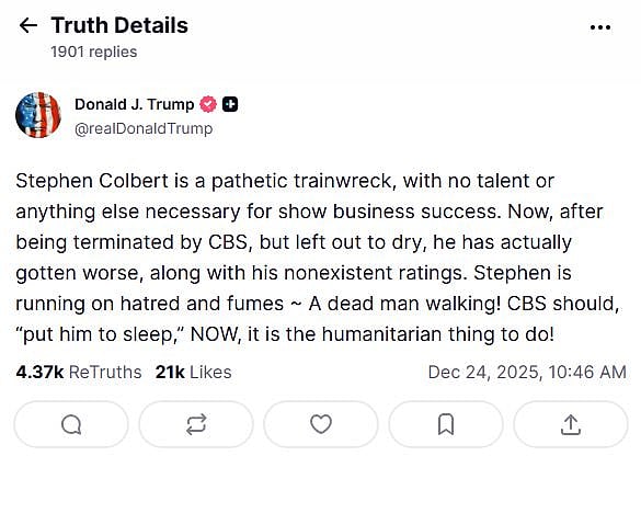 Trump Attacks Stephen Colbert, Targets CBS in New Rant
