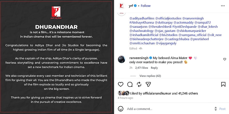 Ranveer Singh Dhurandhar Box Office: YRF Calls It Historic Milestone