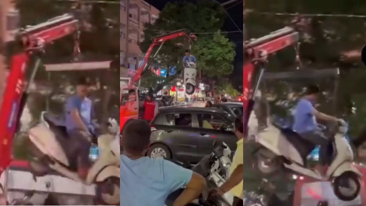 Viral: Pune Man Lifted by Crane After Refusing to Leave Scooter