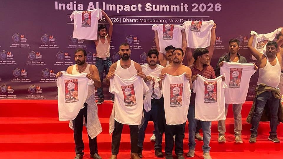 Youth Congress protest: Workers detained at AI Impact Summit in Delhi hall.
