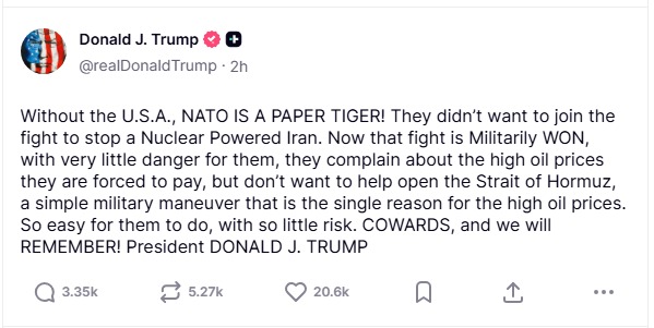 Trump NATO: Calls allies 'cowards', says bloc a paper tiger in Iran war