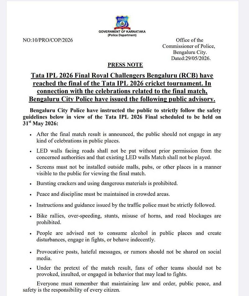 RCB Finals: Bengaluru police issue advisory ahead of IPL 2026 celebrations