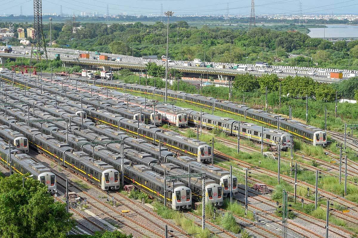 Metro trains parked at DMRC depot