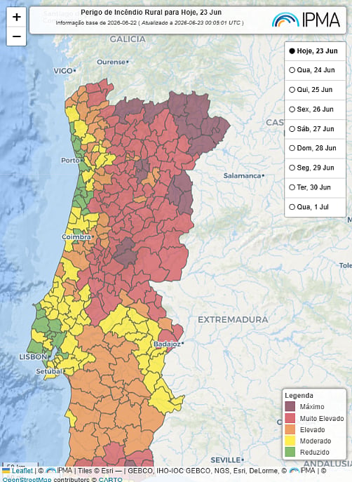 Há 17 concelhos de oito distritos em perigo máximo de incêndio. Guarda ...
