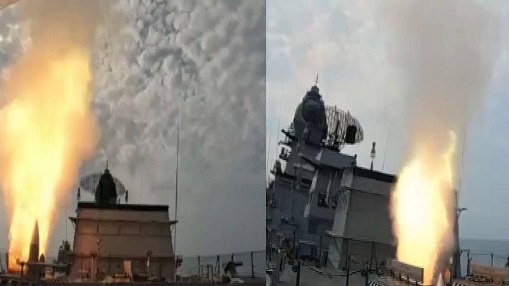Indian Navy warship INS Mormugao engages sea-skimming supersonic target