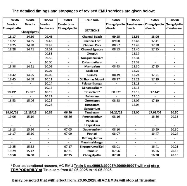 Timings of Chennai's first AC EMU train services revised after ...