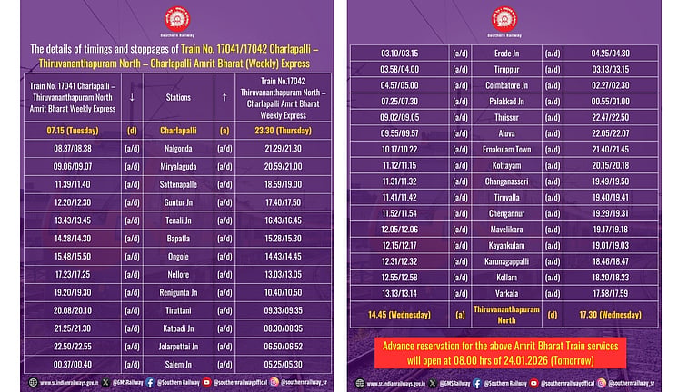 Southern Railway Announces Timings for New Amrit Bharat Trains