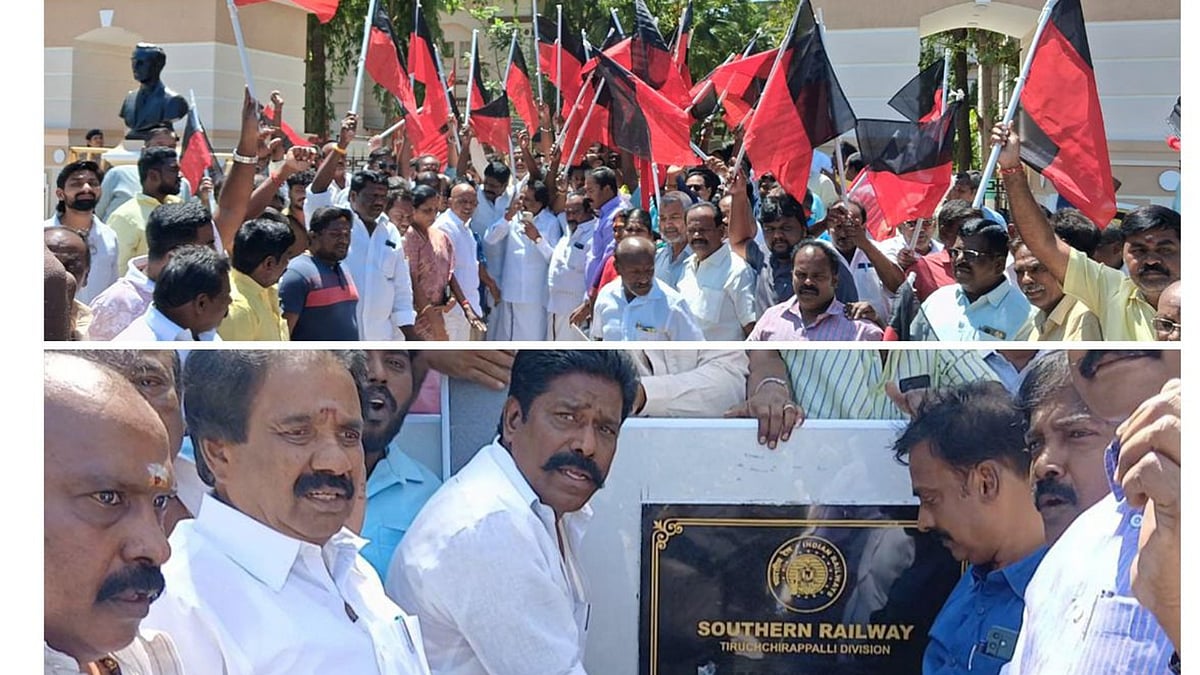 DMK cadres deface Hindi letters on DRM office gate in Tiruchy