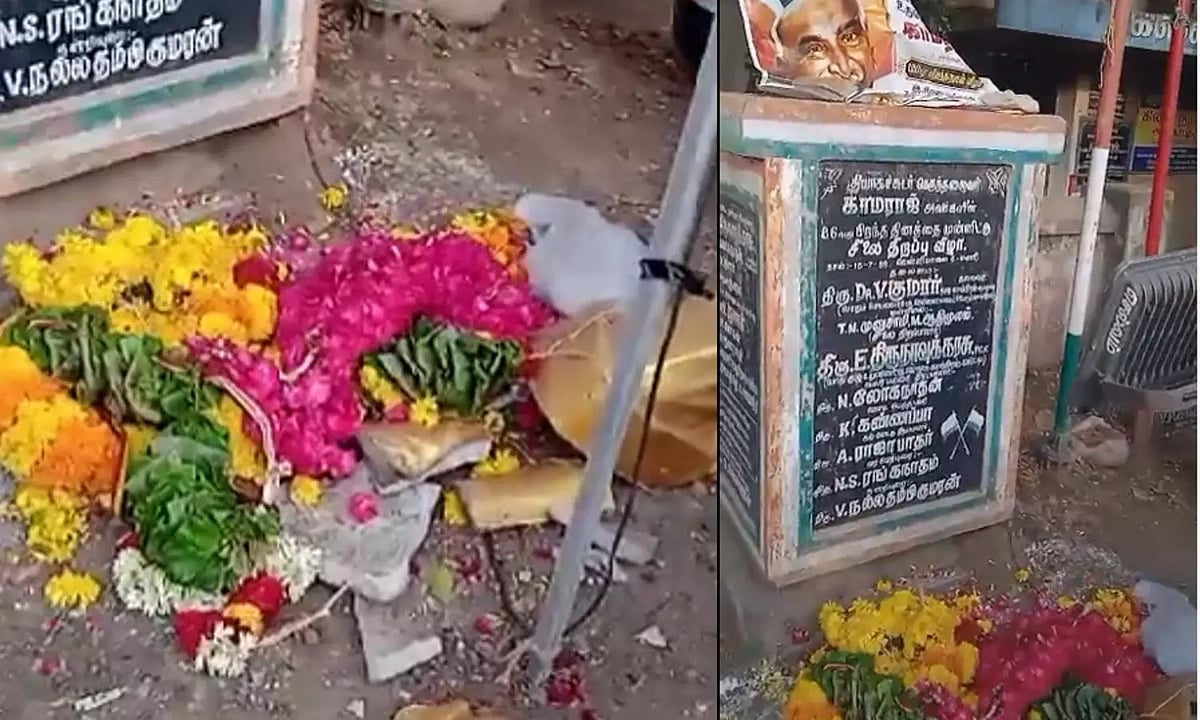 Kamarajar statue broken into pieces after cattle pulls garland over it