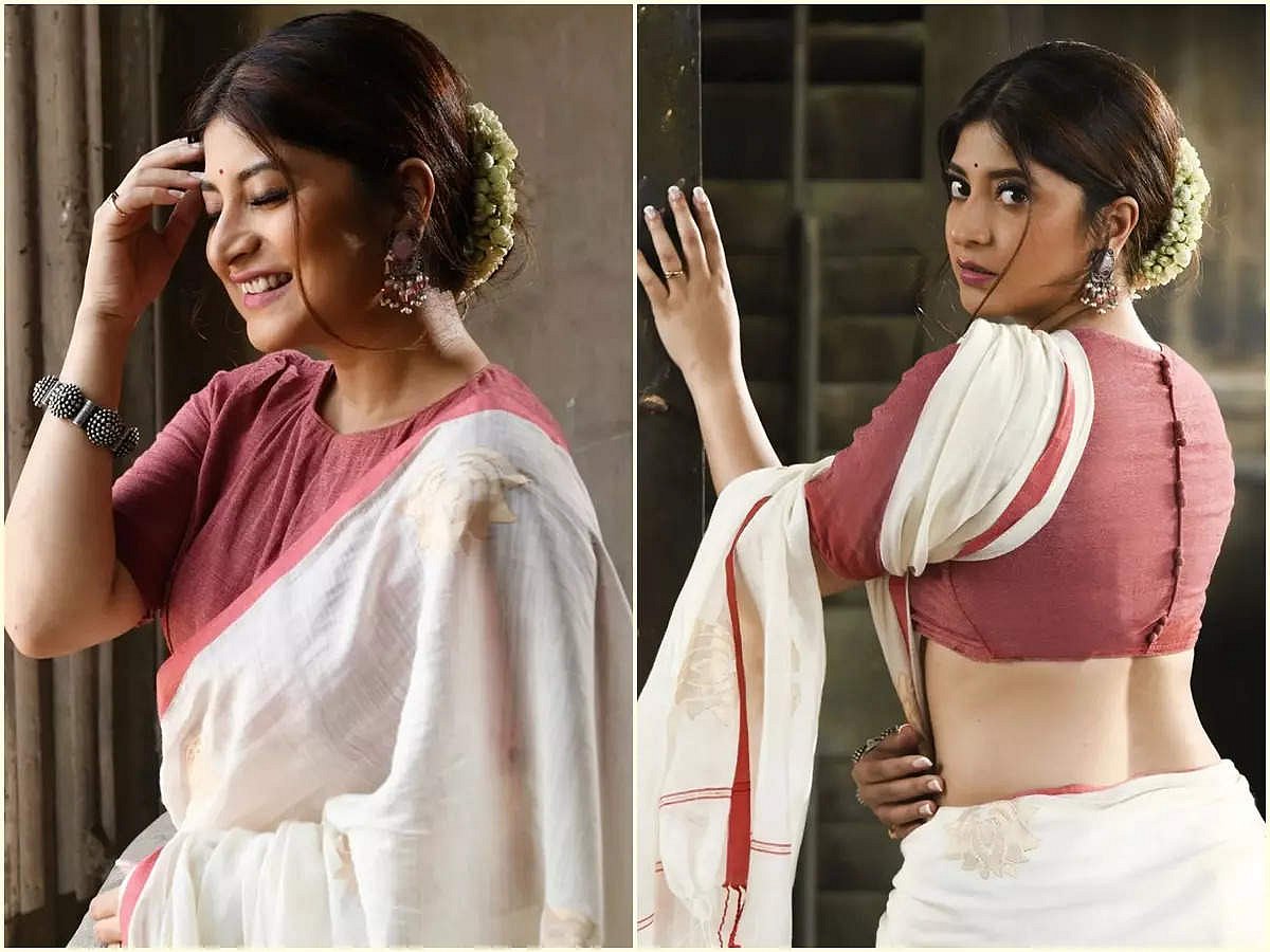 Sandipta Sen: লাল পাড়-সাদা শাড়ি পরে বেলকুঁড়িতে খোঁপা সাজালেন সন্দীপ্তা, ঘুরে তাকাতেই দেখা গেল ...