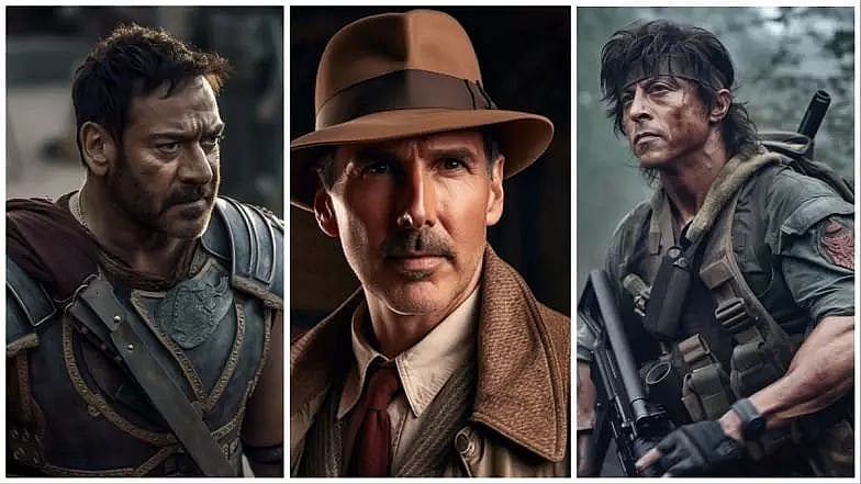 Bollywood actors SRK as Rambo, Akshay as Indiana Jones, Ajay as Maximus