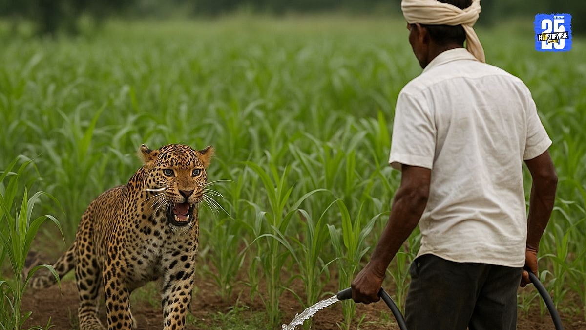 Wild Animal : शेतकऱ्यासमोर अचानक बिबट्या अवतरला; पिकाला पाणी देताना ...