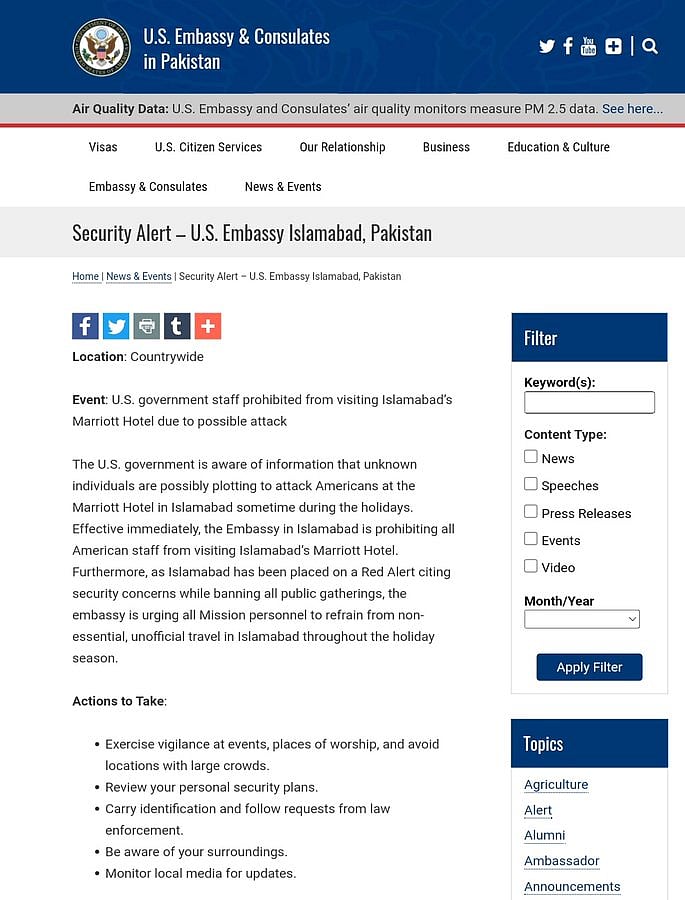 Pakistan: US Embassy prohibits its staff from visiting Islamabad's ...