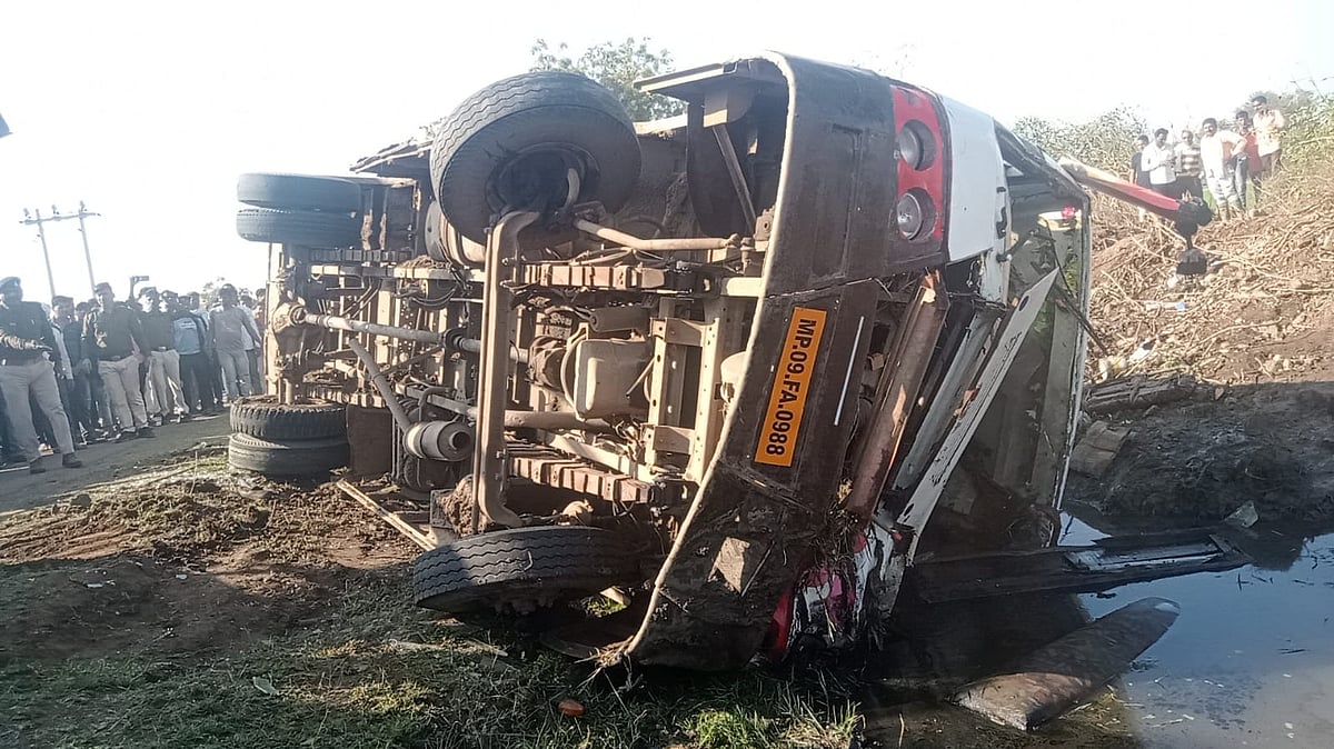 Madhya Pradesh: Bus skids off road overturns on a biker leaving him ...