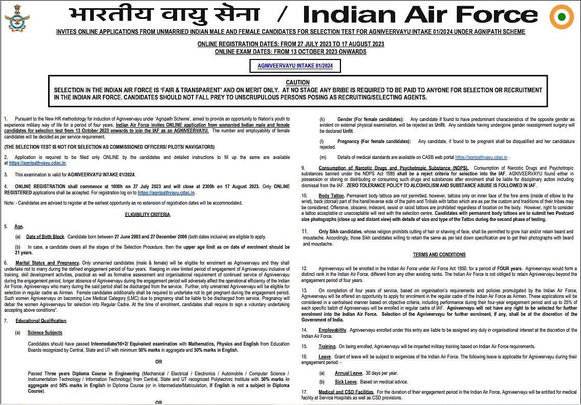 Indian Airforce Application for Agniveervayu 2024 To Begin July 27 Onwards