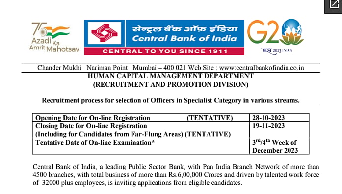 Central Bank Of India Recruitment 2023: Registration Closes Today At ...