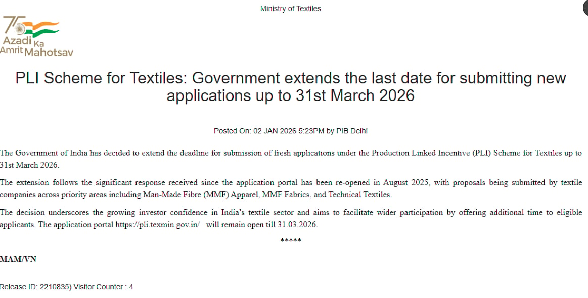 Government Extends PLI Scheme Deadline For Textiles To March 31, 2026