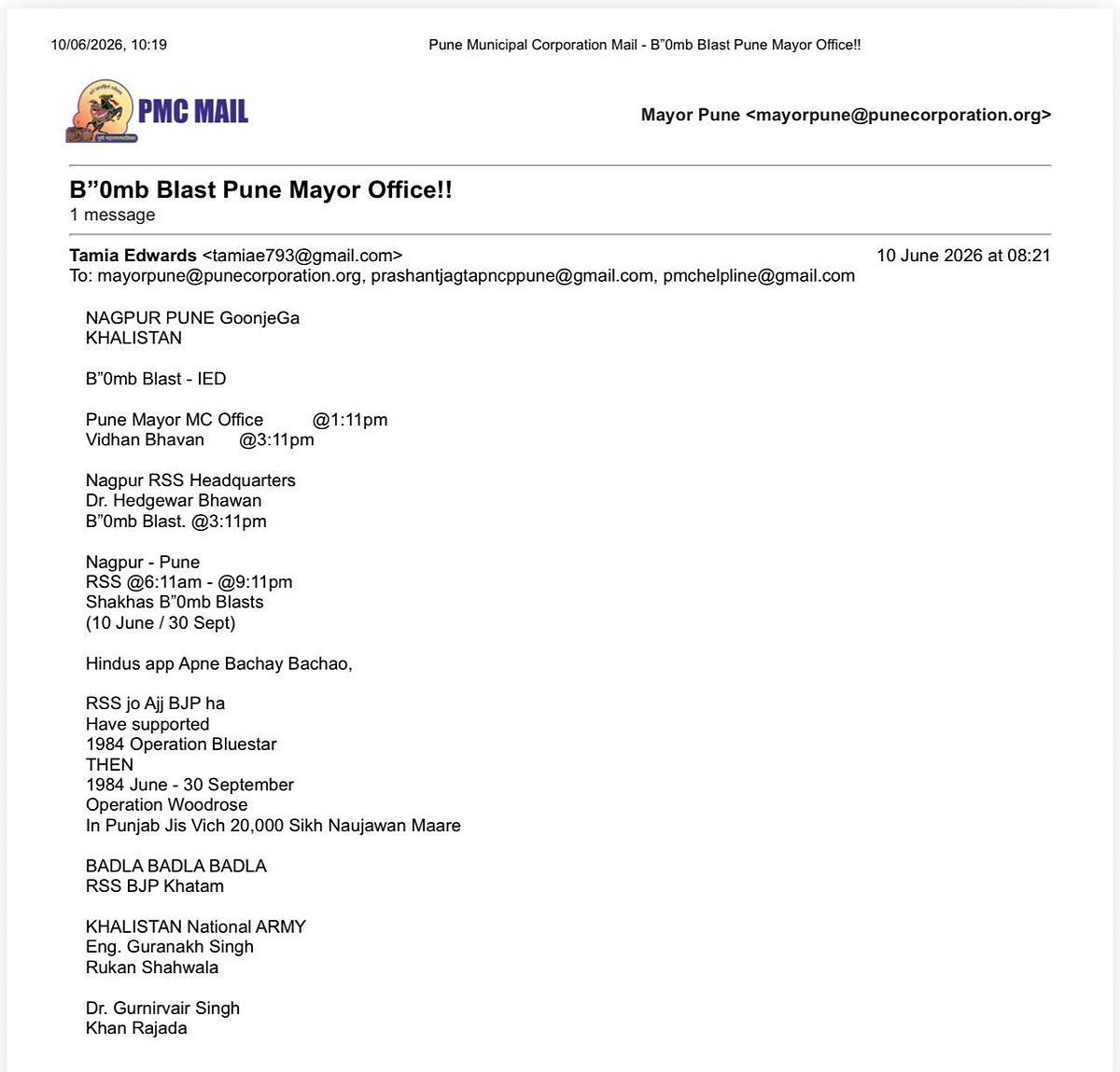 'Hindus Aap Apne Bachay Bachao': What Bomb Threat Email To Pune Mayor's ...