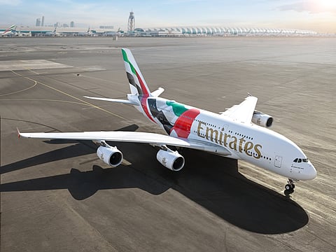Emirates unveils giant UAE flag livery on Airbus A380 superjumbo in Dubai