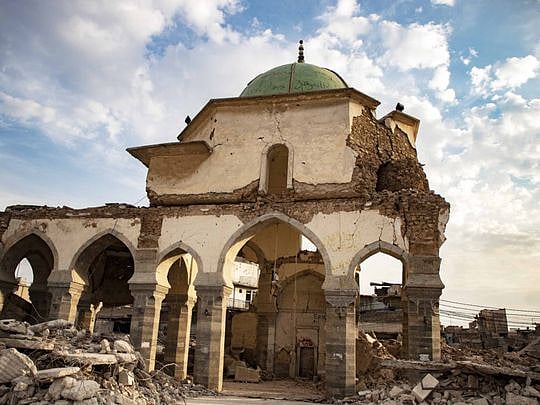 Landmark monuments in Mosul, Iraq, rising from ruins