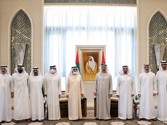 Sheikh Mohamed bin Zayed and Sheikh Mohammed bin Rashid witness signing ...