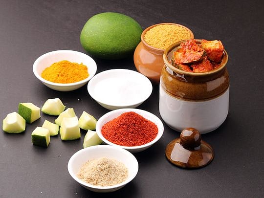 Homemade mango achar or spiced pickle for a winter breakfast