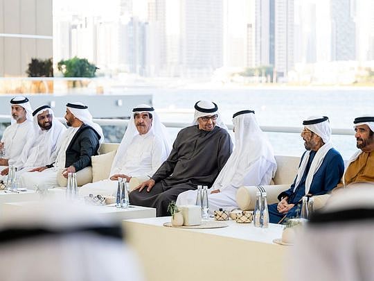 UAE President Sheikh Mohamed receives Hamad Al Sharqi and Saud Al Mualla