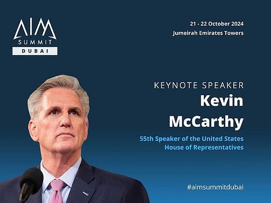 Zachary Cefaratti announces Kevin McCarthy as speaker at the AIM Summit Dubai 2024