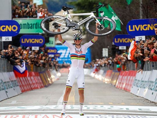 Tadej Pogacar wins Il Lombardia in World Championship jersey