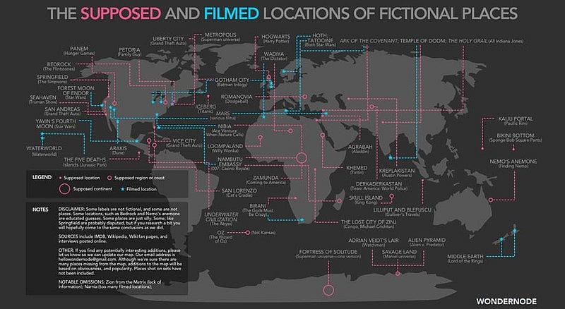 A Map That Show Supposed and Filmed Locations of Fictional Places From ...