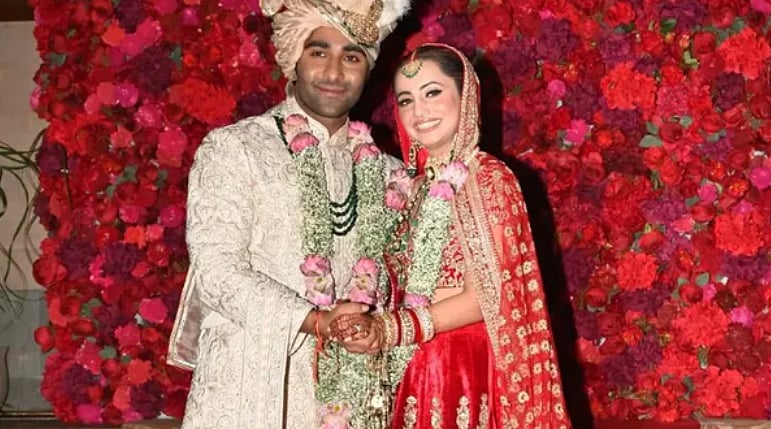 Aadar Jain’s bride Alekha Advani picks a traditional red velvet ...
