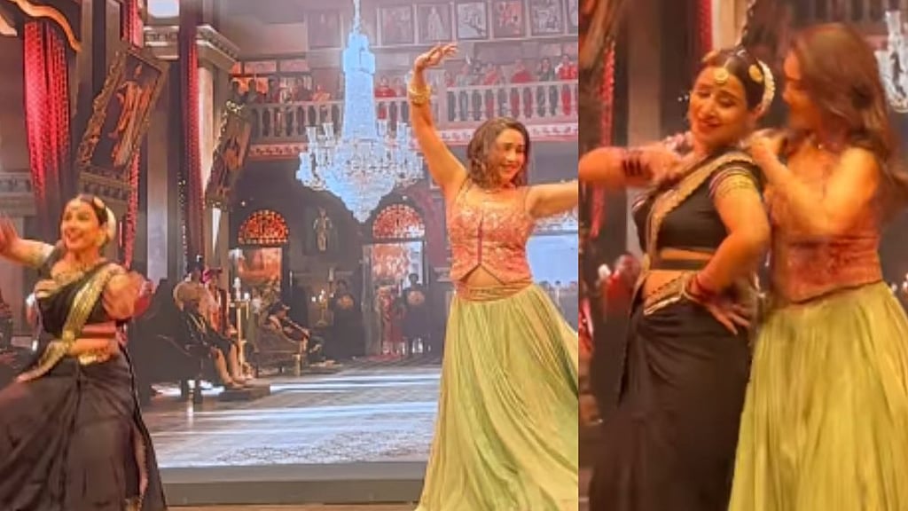 Vidya Balan stumbles on stage while performing on ‘Ami Je Tomar 3.0’ with Madhuri Dixit ...