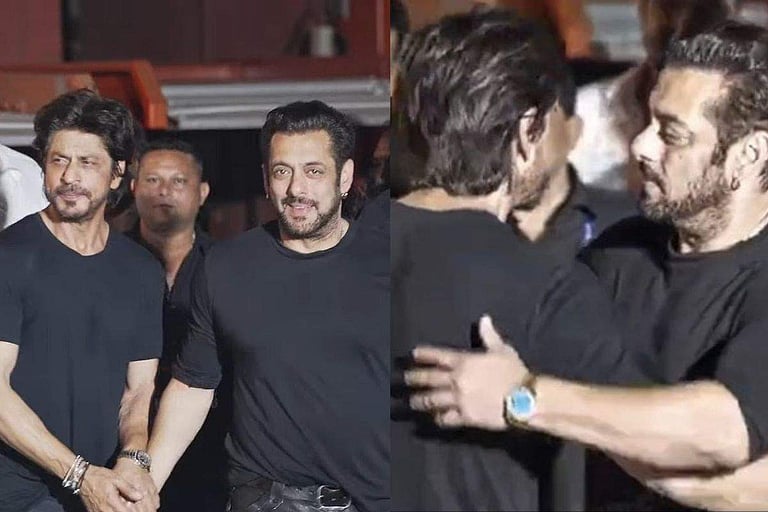 Karan Arjun reunited! Shah Rukh Khan tightly hugs Salman Khan at his ...