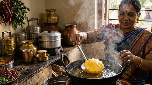 மாம்பழ பூரி மற்றும் ஜிஞ்சர் கேப்சிகம் மசாலா செய்முறை | Mango Poori
