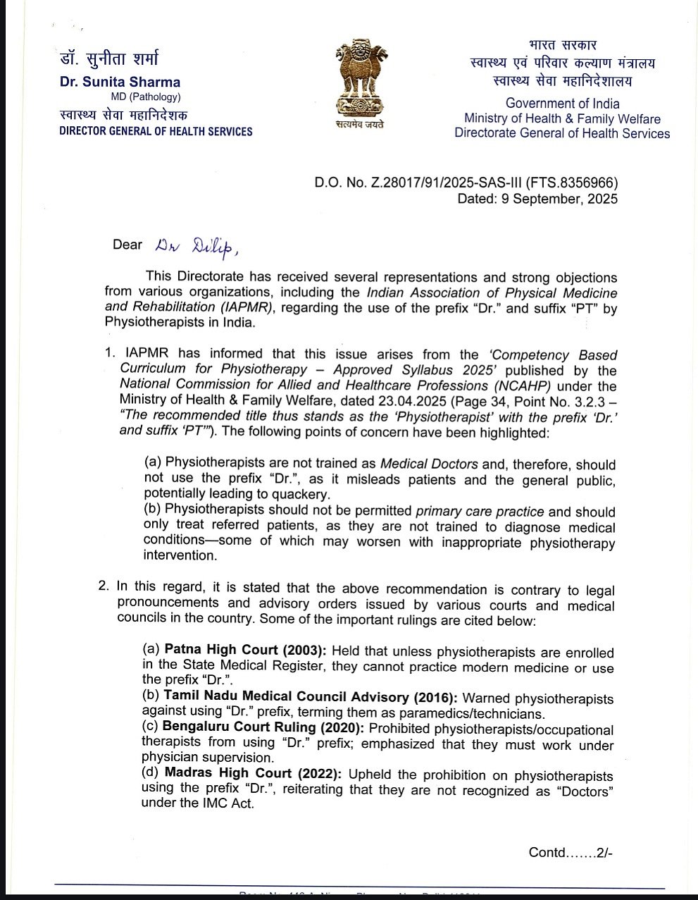DGHS Withdraws Order Restricting Physiotherapists Using “Dr.” Prefix