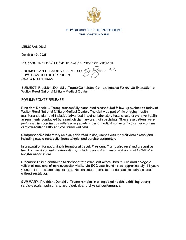 Trump Declared in “Exceptional Health” After Walter Reed Checkup