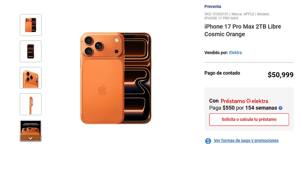 Precio del iPhone 17 Pro Max en Elektra rebasa los 100 mil pesos en abonos