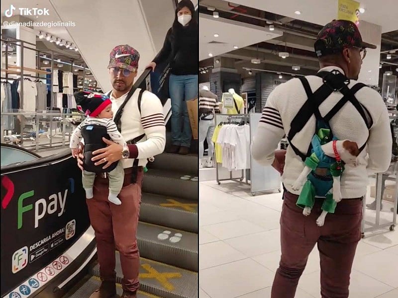 Camina en el centro comercial con su bebé y perrito en cangurera y se ...